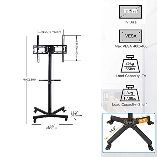 Mobile TV Stand on Wheels for 23-60" LCD LED Flat/Curved Panel Screen TVs, Adjustable Shelves Reclining TV Cart Max VESA 400x400 Portable TV Stand with Tray Rolling Floor TV Stand