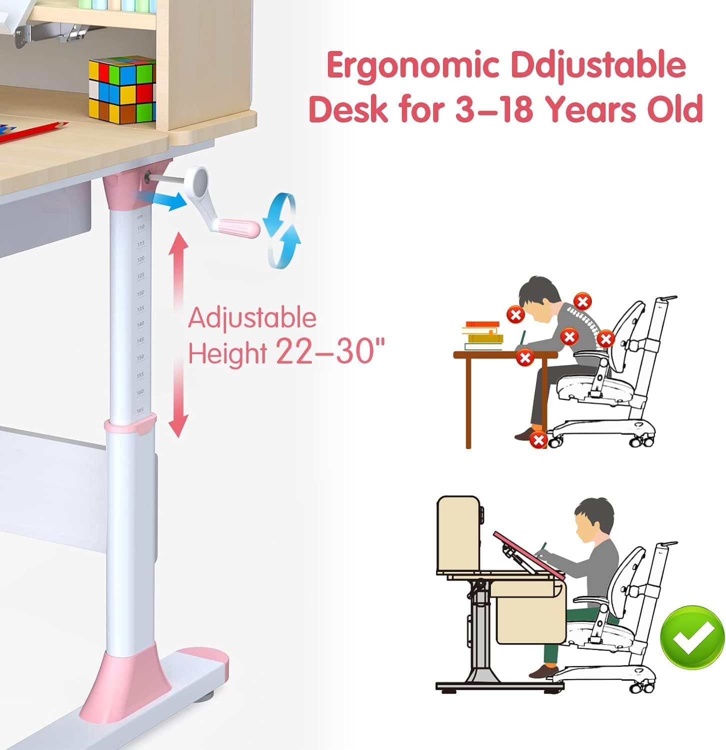 FCD Kids Desk, Wood Adjustable Height Ergomonoic Children Study Writing Reading Desk with Tiltable Desktop, Tablet Stand and Storage Drawers (Pink, Chair is not Included)
