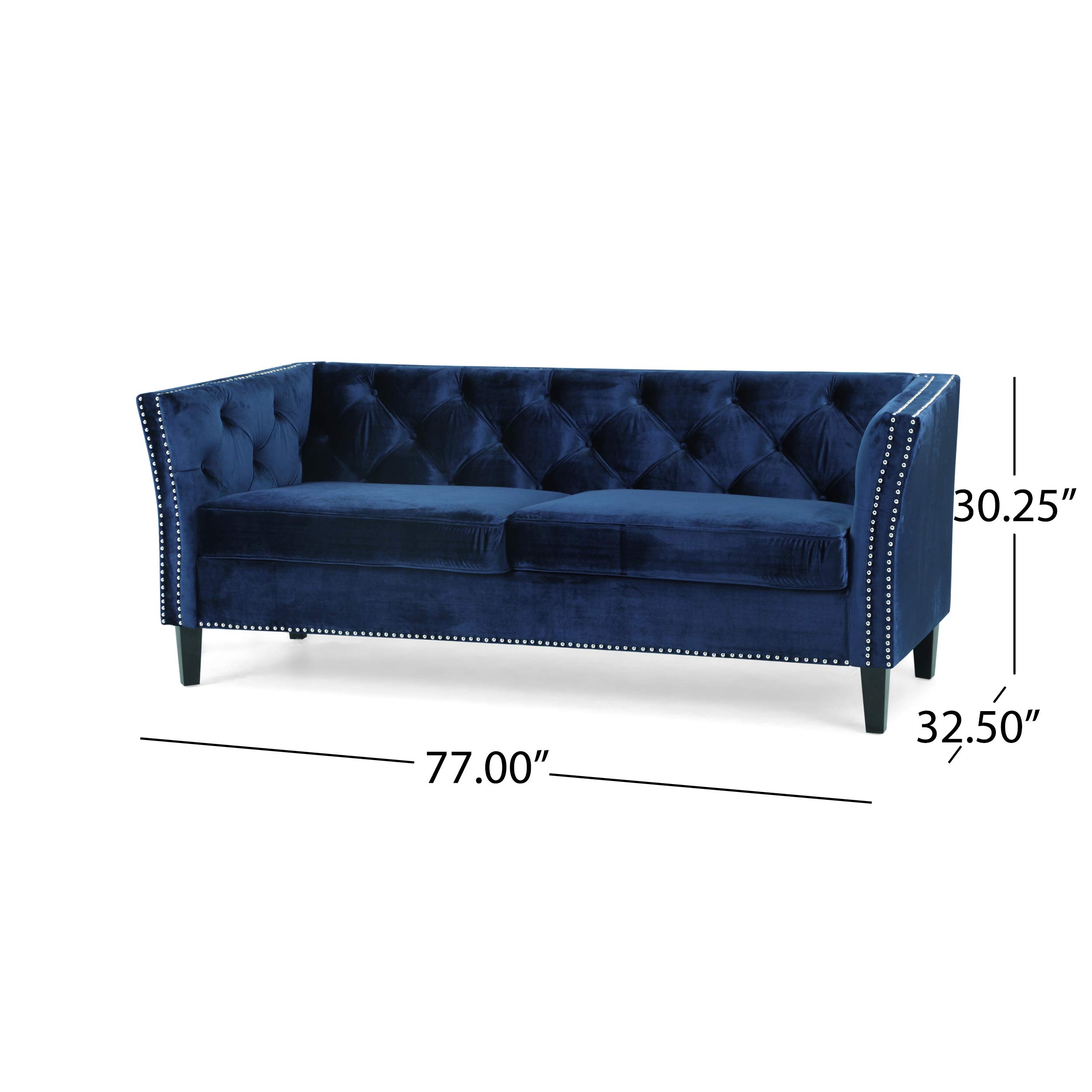 Christopher Knight Home Sunny Velvet 3 Seater Sofa, Midnight Blue, Dark Brown