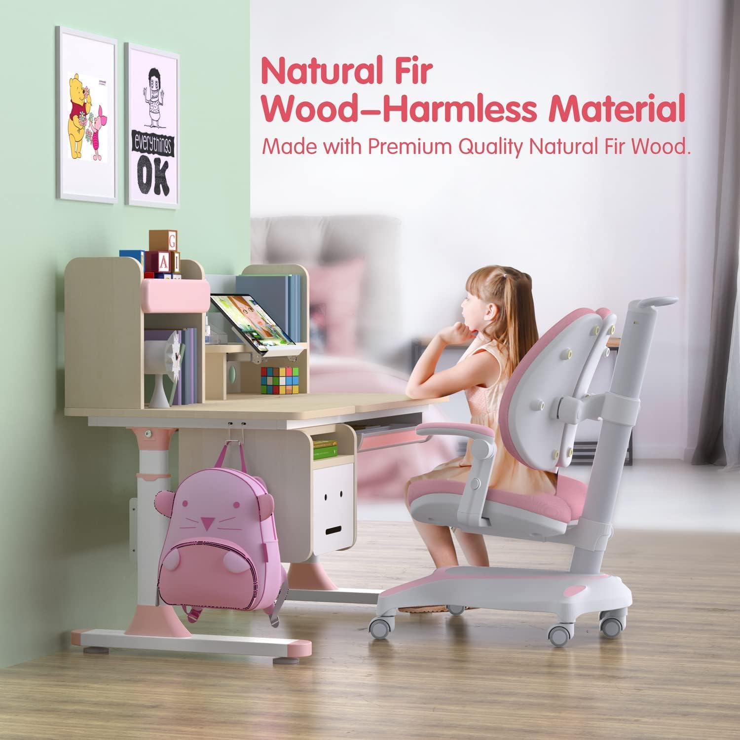 FCD Kids Desk, Wood Adjustable Height Ergomonoic Children Study Writing Reading Desk with Tiltable Desktop, Tablet Stand and Storage Drawers (Pink, Chair is not Included)
