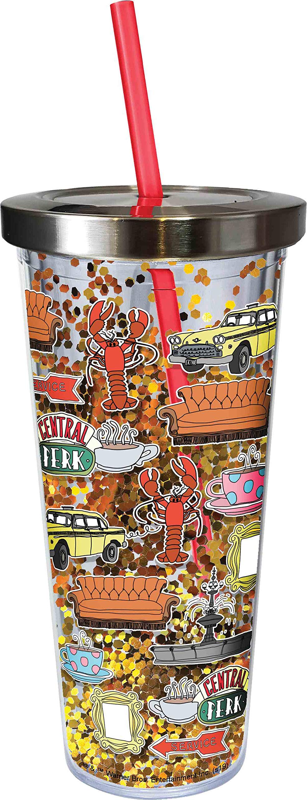 Spoontiques - Glitter Filled Acrylic Tumbler - Glitter Cup with Straw - 20 oz - Stainless Steel Locking Lid with Straw - Double Wall Insulated - BPA Free - Friends