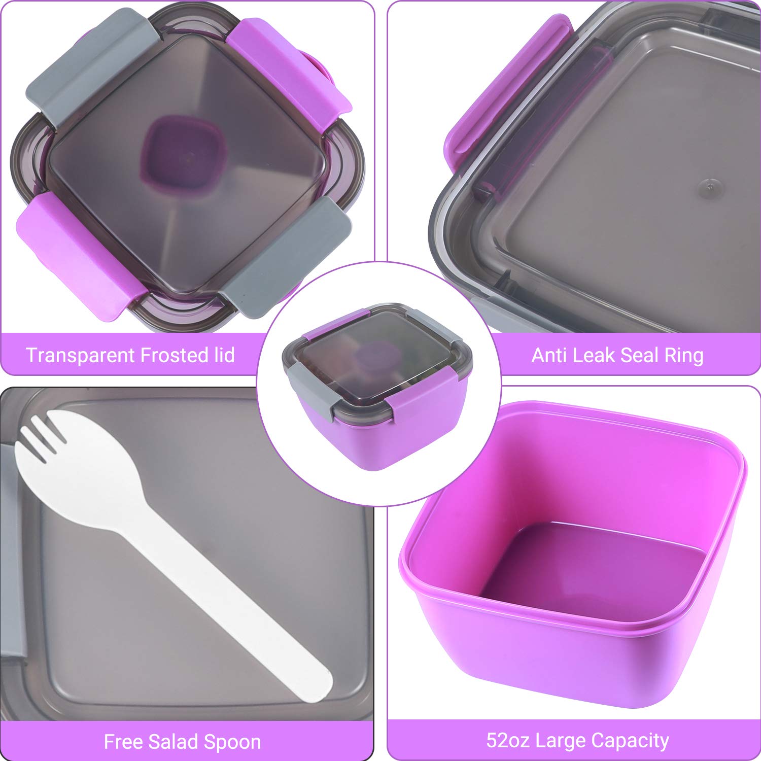 Freshmage Salad Lunch Container To Go, 52-oz Salad Bowls with 3 Compartments, Salad Dressings Container for Salad Toppings, Snacks, Men, Women (Purple)