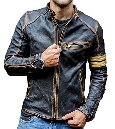 Mens Vintage Cafe Racer Motorcycle Distressed Biker Real Leather Jacket (as1, alpha, m, regular, regular, PD3, Medium)