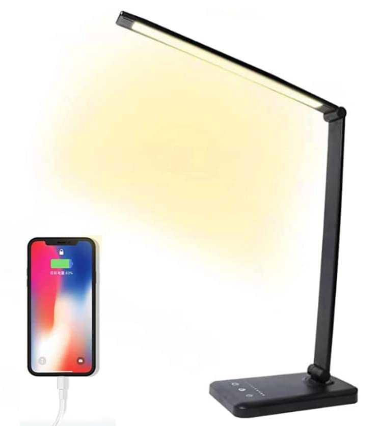 Kitys Fatch LED Touch Sensing Desk Lamp with USB Charging Port, 5 Lighting Modes, 5 Levels of Brightness, 30/60 Minutes Auto Timer, Foldable Desk Lamp for Bedroom, Study Room, (Black)