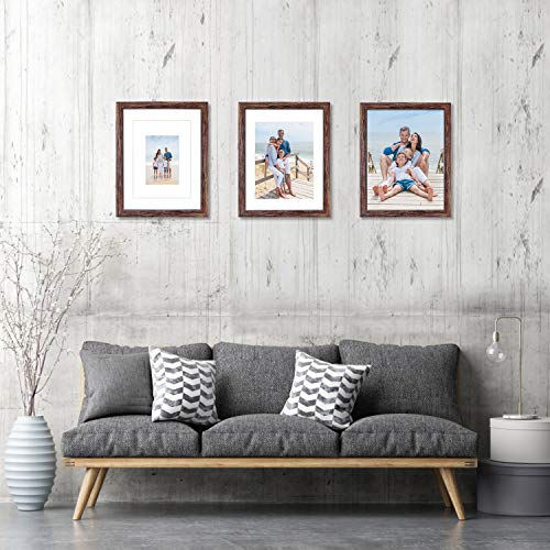 Q.Hou 11x14 Picture Frames Wood Patten Rustic Brown Set of 2, Each Frame with 2 Mats,Display A4 or Five 5x7 Photos with Mat & 11x14 Picture Without Mat for Wall Mount (QH-PF11X14-BR)