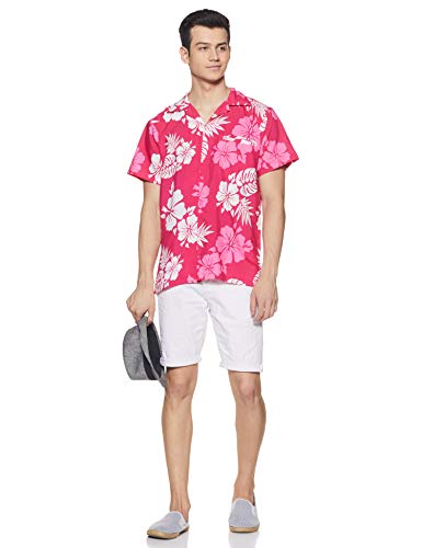 Stylore Hawaiian Shirt for Men Aloha Shadow Hibiscus Pink White Small