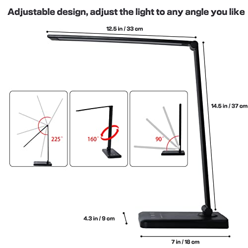 Kitys Fatch LED Touch Sensing Desk Lamp with USB Charging Port, 5 Lighting Modes, 5 Levels of Brightness, 30/60 Minutes Auto Timer, Foldable Desk Lamp for Bedroom, Study Room, (Black)