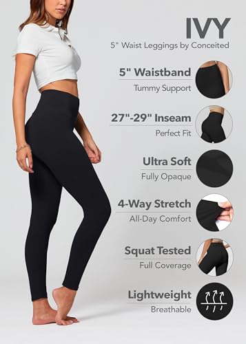Conceited Leggings for Women - Tummy Control - 5" Waistband - Regular and Plus Size - Black - XX-Large - 3X-Large
