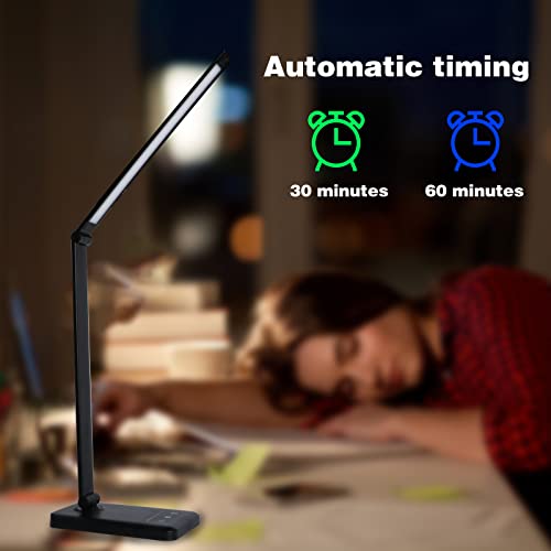 Kitys Fatch LED Touch Sensing Desk Lamp with USB Charging Port, 5 Lighting Modes, 5 Levels of Brightness, 30/60 Minutes Auto Timer, Foldable Desk Lamp for Bedroom, Study Room, (Black)