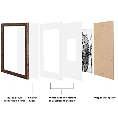 Q.Hou 11x14 Picture Frames Wood Patten Rustic Brown Set of 2, Each Frame with 2 Mats,Display A4 or Five 5x7 Photos with Mat & 11x14 Picture Without Mat for Wall Mount (QH-PF11X14-BR)