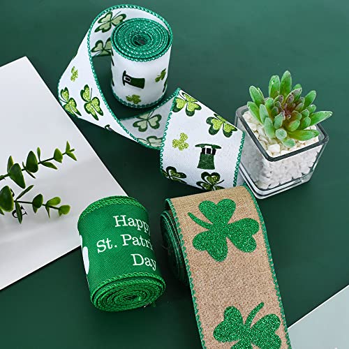 TONIFUL 3 roll Green and White Wired Burlap Ribbon, 2.5 inch x 6yd, Green Shamrock Leaves Good Luck Clover Wired Ribbons for St Patrick's Day Decor,Spring Summer Wreath Bows Crafts Gift Wrapping