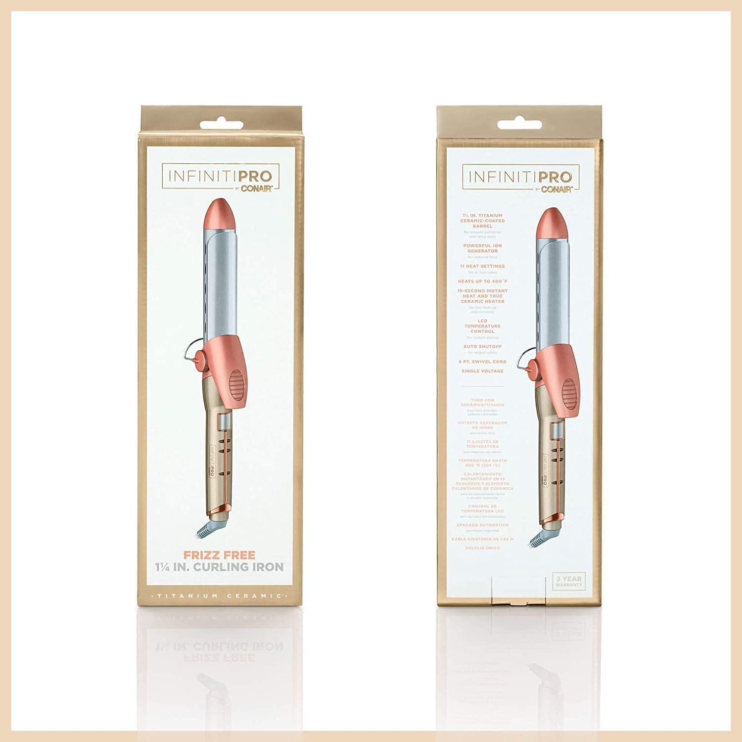 INFINITIPRO BY CONAIR Frizz Free 1 1/4-inch Titanium Ceramic Curling Iron, 1 ¼ inch barrel produces loose curls – for use on medium and long hair, Rose Gold