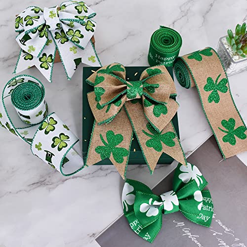 TONIFUL 3 roll Green and White Wired Burlap Ribbon, 2.5 inch x 6yd, Green Shamrock Leaves Good Luck Clover Wired Ribbons for St Patrick's Day Decor,Spring Summer Wreath Bows Crafts Gift Wrapping