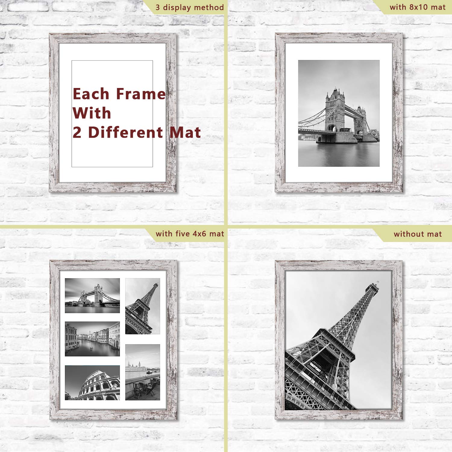 Q.Hou 11x14 Picture Frames Wood Patten Distressed White Set of 2, Each Frame with 2 Mats,Display 8x10 or Five 4x6 Photos with Mat & 11x14 Picture Without Mat for Wall Mount (QH-PF11X14-RW)
