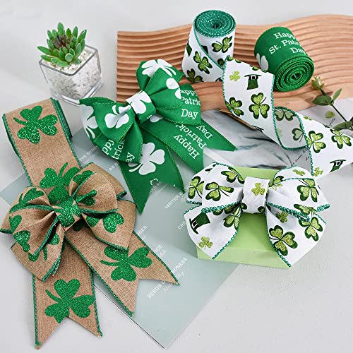 TONIFUL 3 roll Green and White Wired Burlap Ribbon, 2.5 inch x 6yd, Green Shamrock Leaves Good Luck Clover Wired Ribbons for St Patrick's Day Decor,Spring Summer Wreath Bows Crafts Gift Wrapping