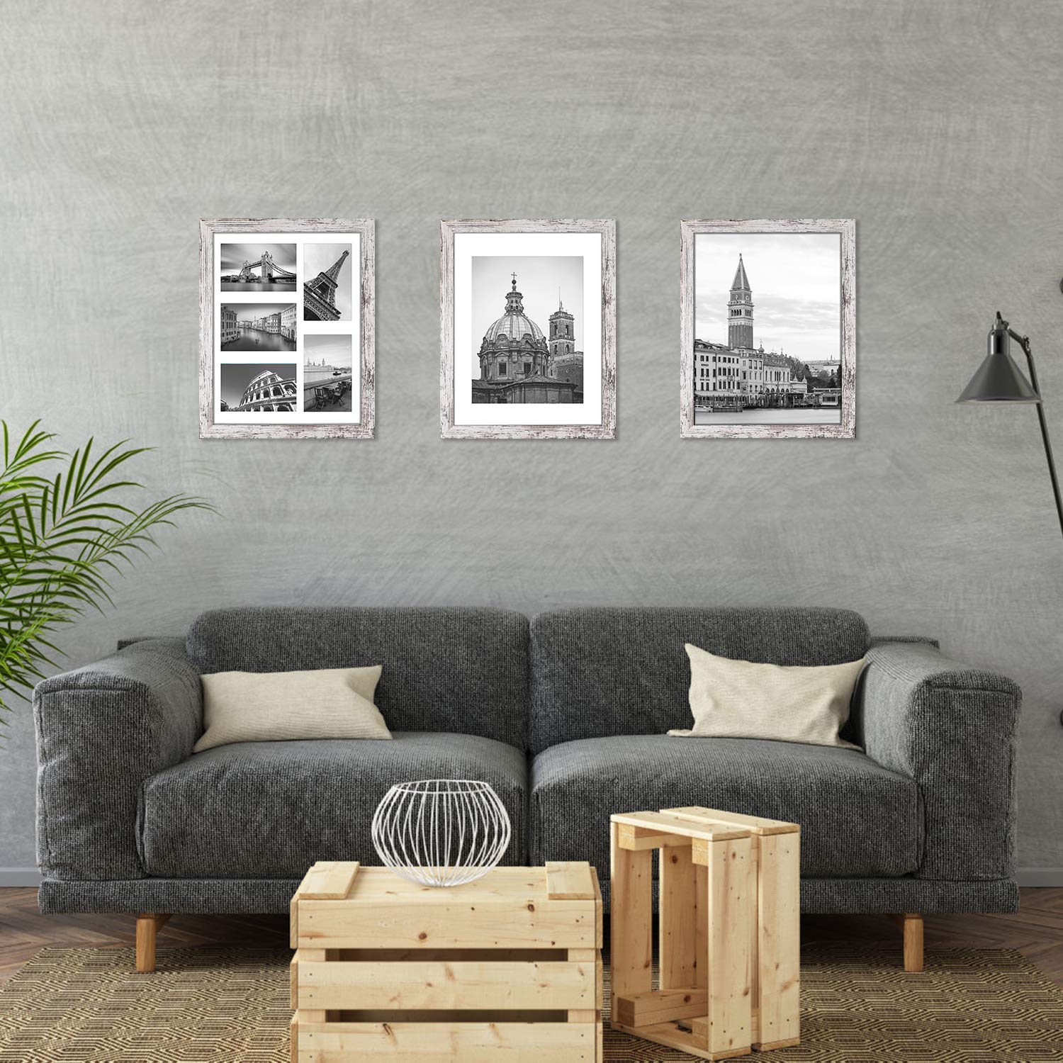 Q.Hou 11x14 Picture Frames Wood Patten Distressed White Set of 2, Each Frame with 2 Mats,Display 8x10 or Five 4x6 Photos with Mat & 11x14 Picture Without Mat for Wall Mount (QH-PF11X14-RW)