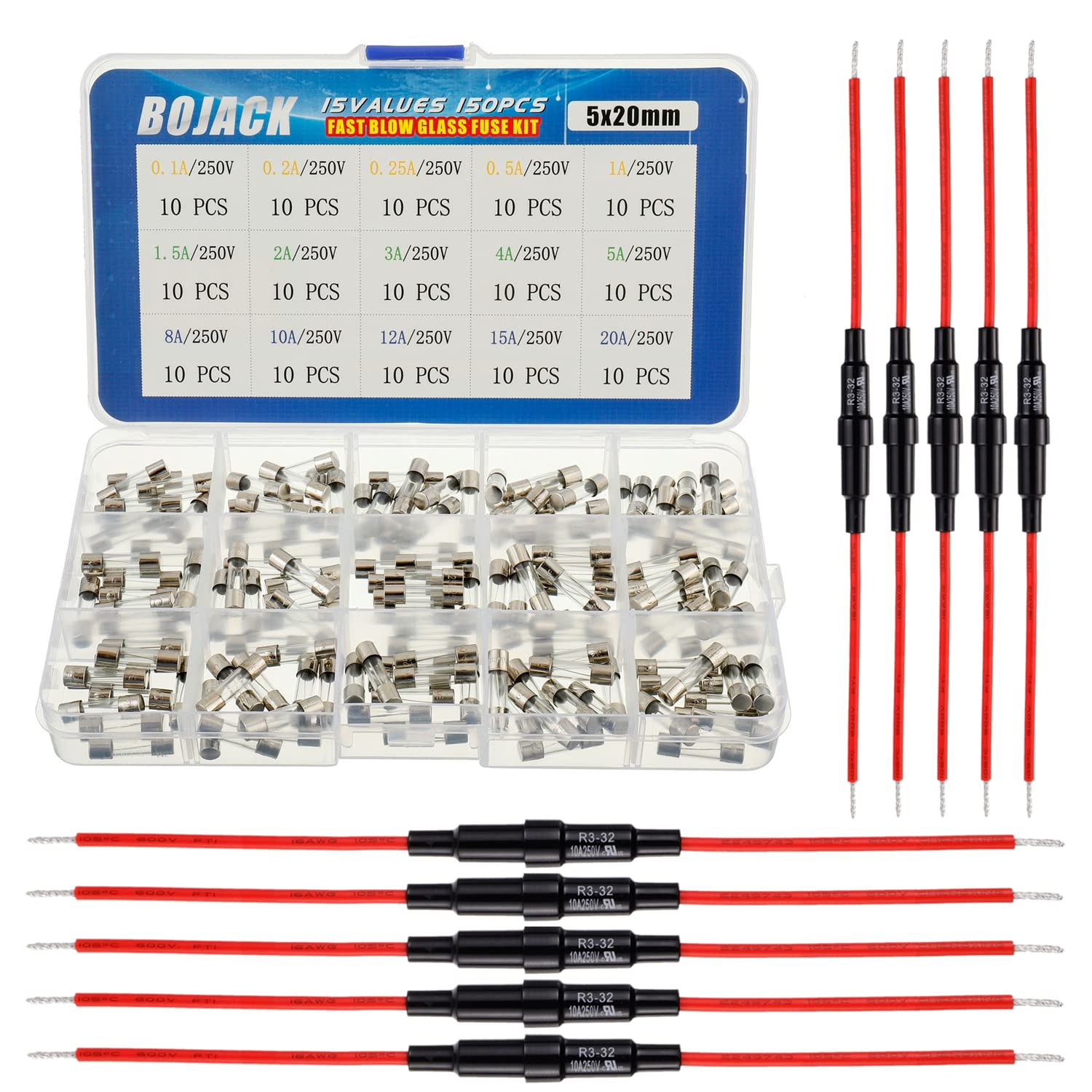 BOJACK 5x20 mm Fuse Holder Inline Screw Type with 16 AWG Red Wire + 15 Values 150 Pcs 5x20mm Fast Blow Glass Fuses 250 V 0.1 0.2 0.25 0.5 1 1.5 2 3 4 5 8 10 12 15 20 A Assortment Kit