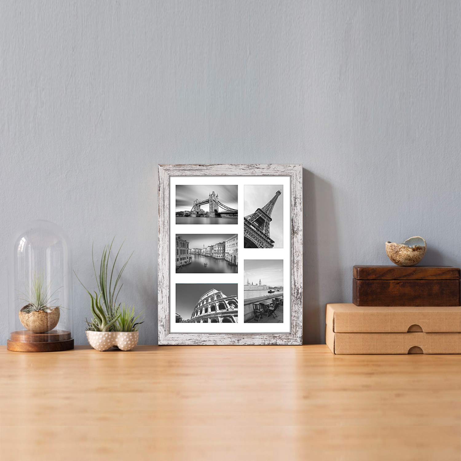 Q.Hou 11x14 Picture Frames Wood Patten Distressed White Set of 2, Each Frame with 2 Mats,Display 8x10 or Five 4x6 Photos with Mat & 11x14 Picture Without Mat for Wall Mount (QH-PF11X14-RW)