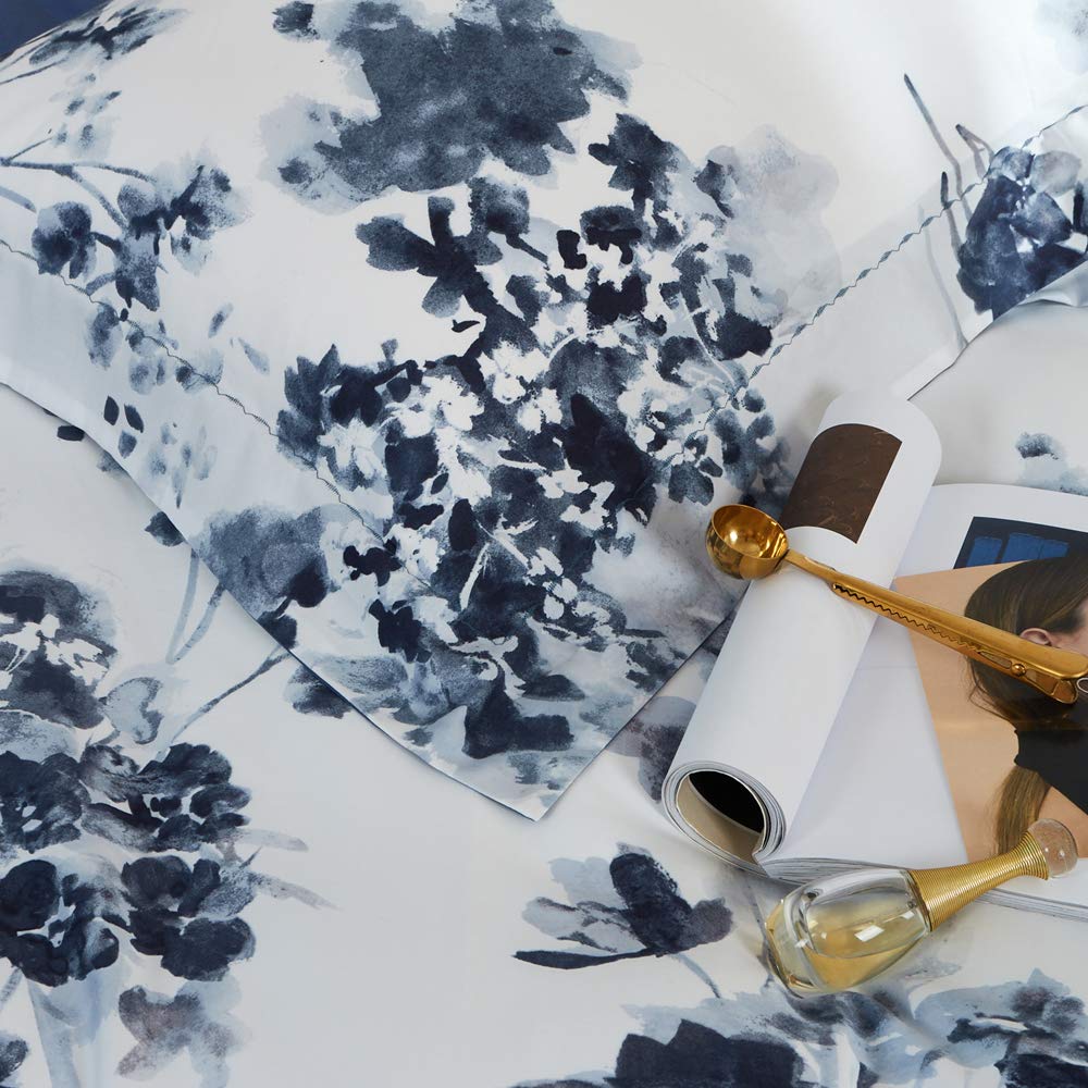 MILDLY 100% Long Staple Cotton Duvet Cover Set Navy Blue Leaves Printed Comforter Cover Set Watercolor Plant Floral