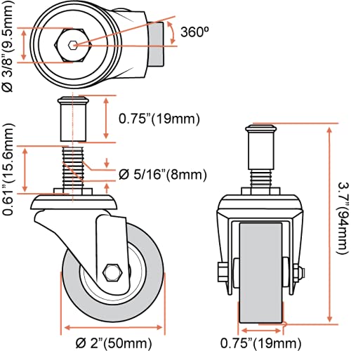 FactorDuty 6 Pack Heavy-Duty 2" Swivel Caster Wheels for Creeper Service Cart Stool Post Mount