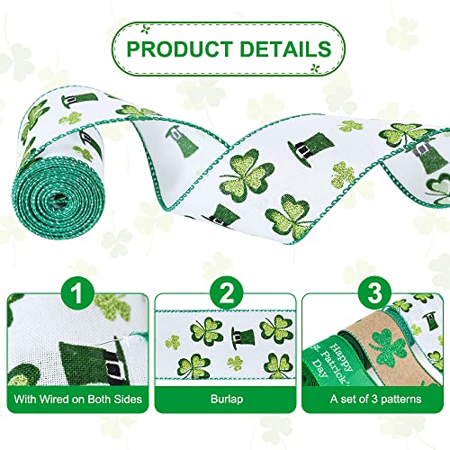 TONIFUL 3 roll Green and White Wired Burlap Ribbon, 2.5 inch x 6yd, Green Shamrock Leaves Good Luck Clover Wired Ribbons for St Patrick's Day Decor,Spring Summer Wreath Bows Crafts Gift Wrapping