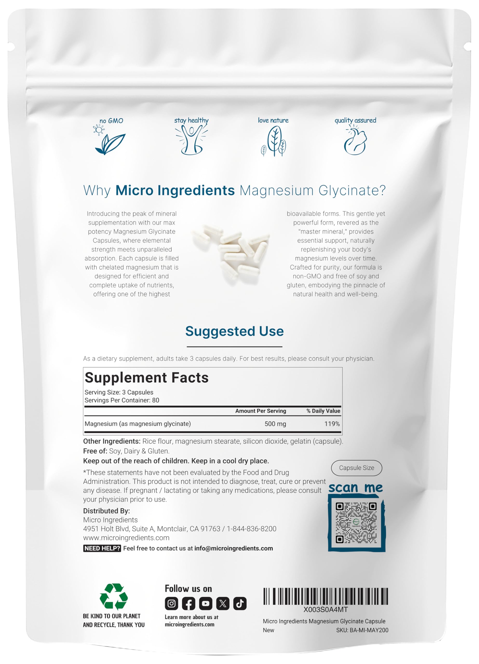 Micro Ingredients Magnesium Glycinate 500mg Per Serving, 240 Capsules | Potent Elemental Form, 100% Chelated, High Absorption | Healthy Muscle, Bones, & Mood Support Supplement | Non-GMO