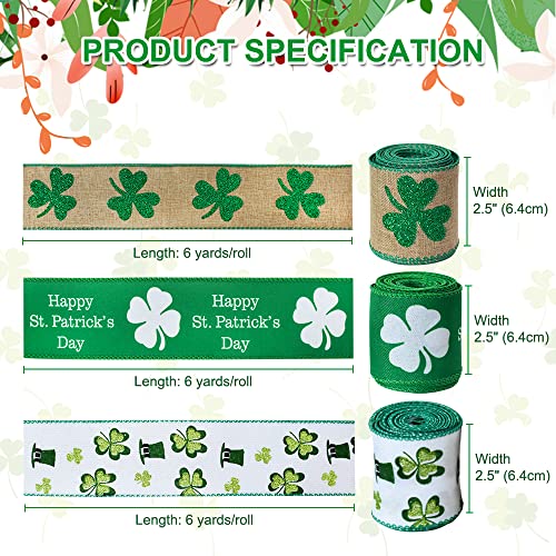TONIFUL 3 roll Green and White Wired Burlap Ribbon, 2.5 inch x 6yd, Green Shamrock Leaves Good Luck Clover Wired Ribbons for St Patrick's Day Decor,Spring Summer Wreath Bows Crafts Gift Wrapping