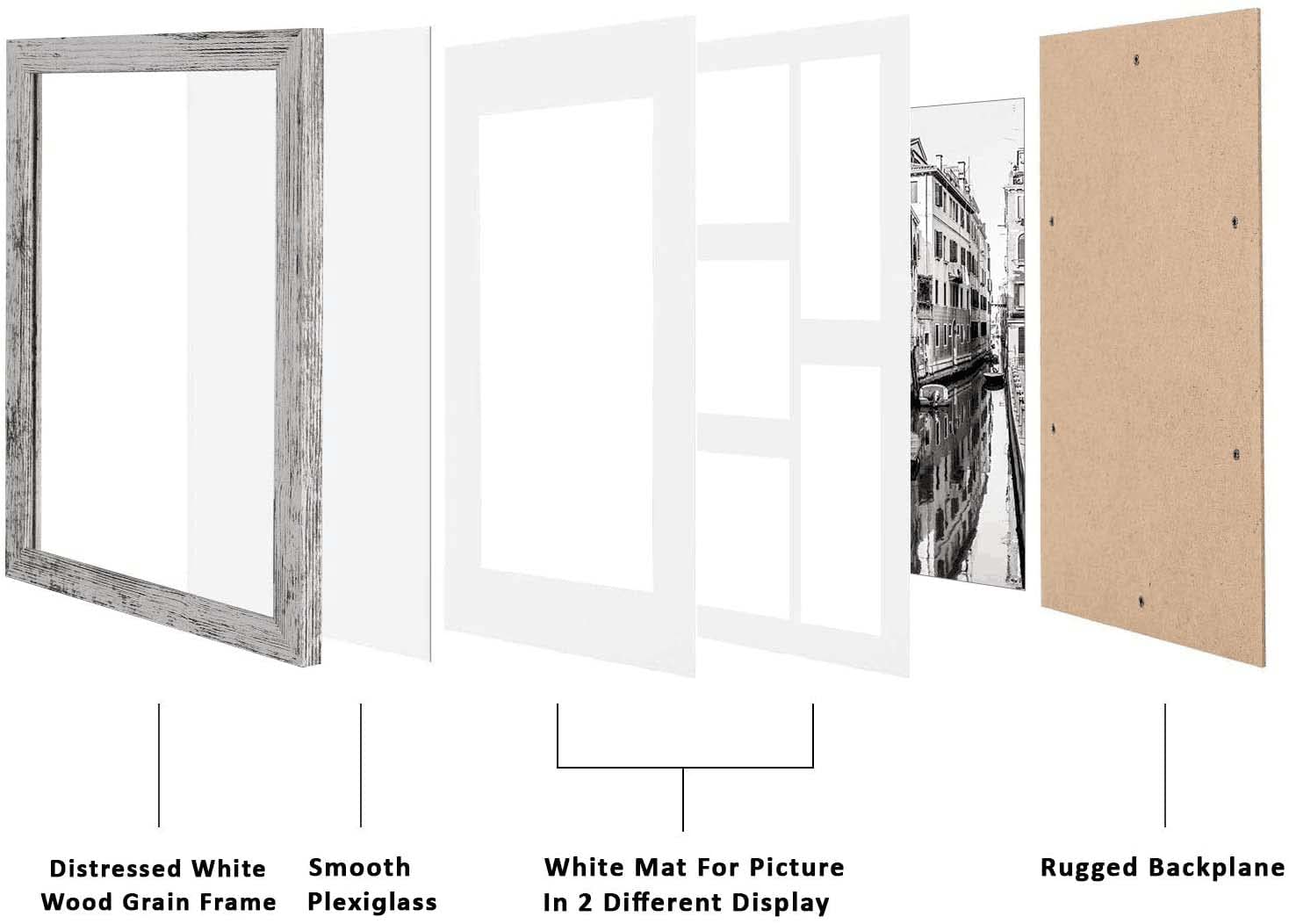 Q.Hou 11x14 Picture Frames Wood Patten Distressed White Set of 2, Each Frame with 2 Mats,Display 8x10 or Five 4x6 Photos with Mat & 11x14 Picture Without Mat for Wall Mount (QH-PF11X14-RW)