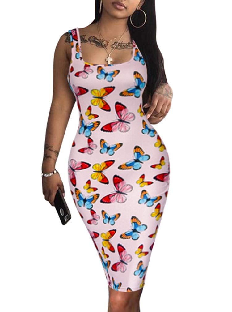 LAGSHIAN Women's Sexy Bodycon Tank Dress Sleeveless Basic Midi Club Dresses Butterfly