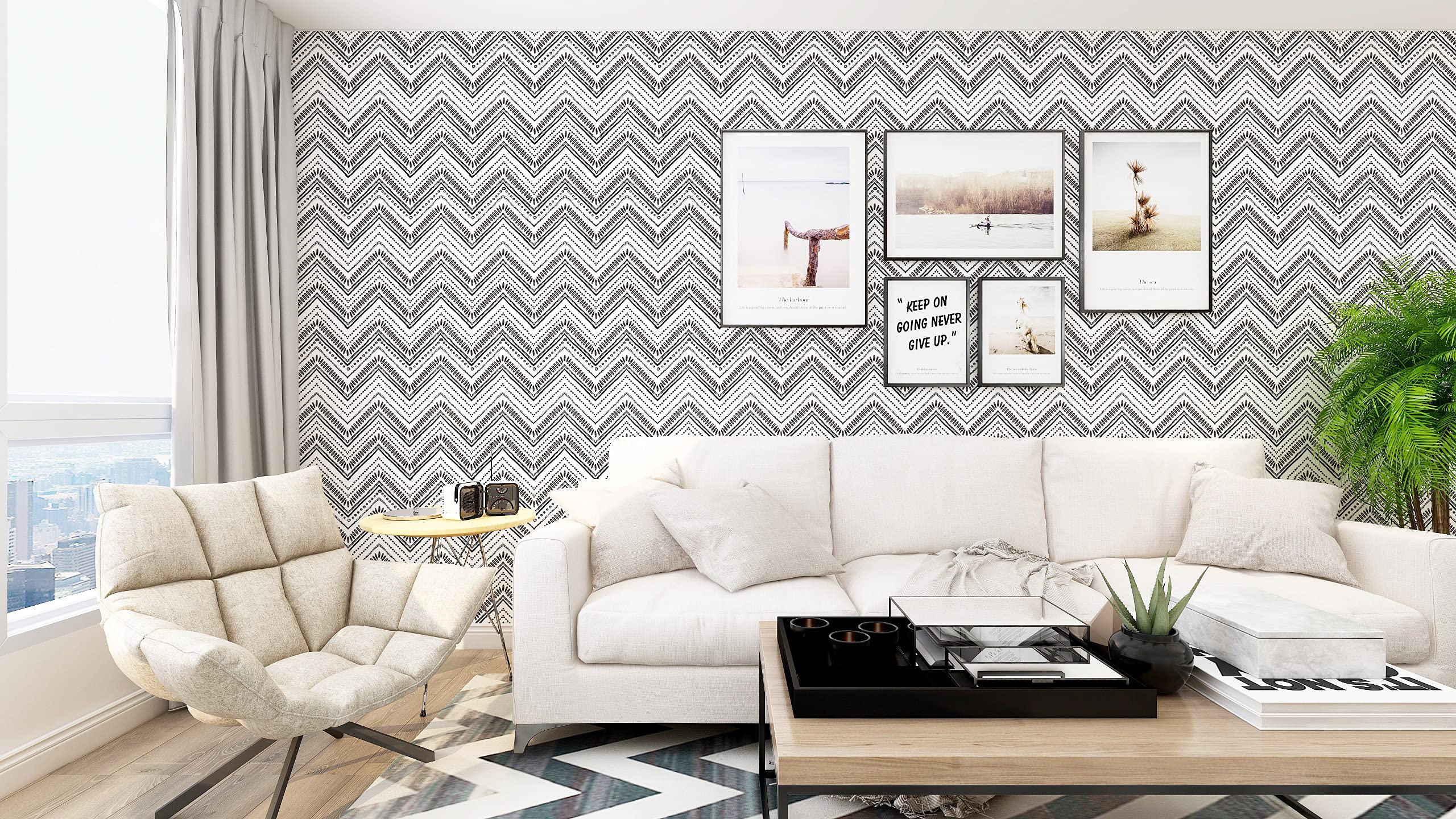 HAOKHOME Black and White Wallpaper Boho Geometric Self Adhesive Textured Wall Paper Modern for Bathroom Decor e 17.7in x 9.8ft