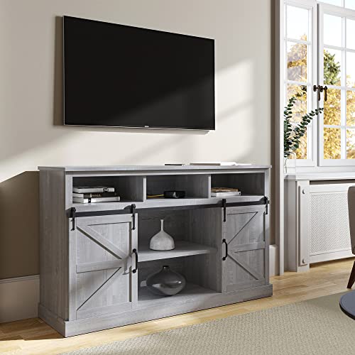 BELLEZE Modern 52 Inch Farmhouse Highboy TV Stand & Media Entertainment Center Console Table for TVs up to 55 Inch with Sliding Barn Door and Storage Cabinets - Parker (Stone Gray)