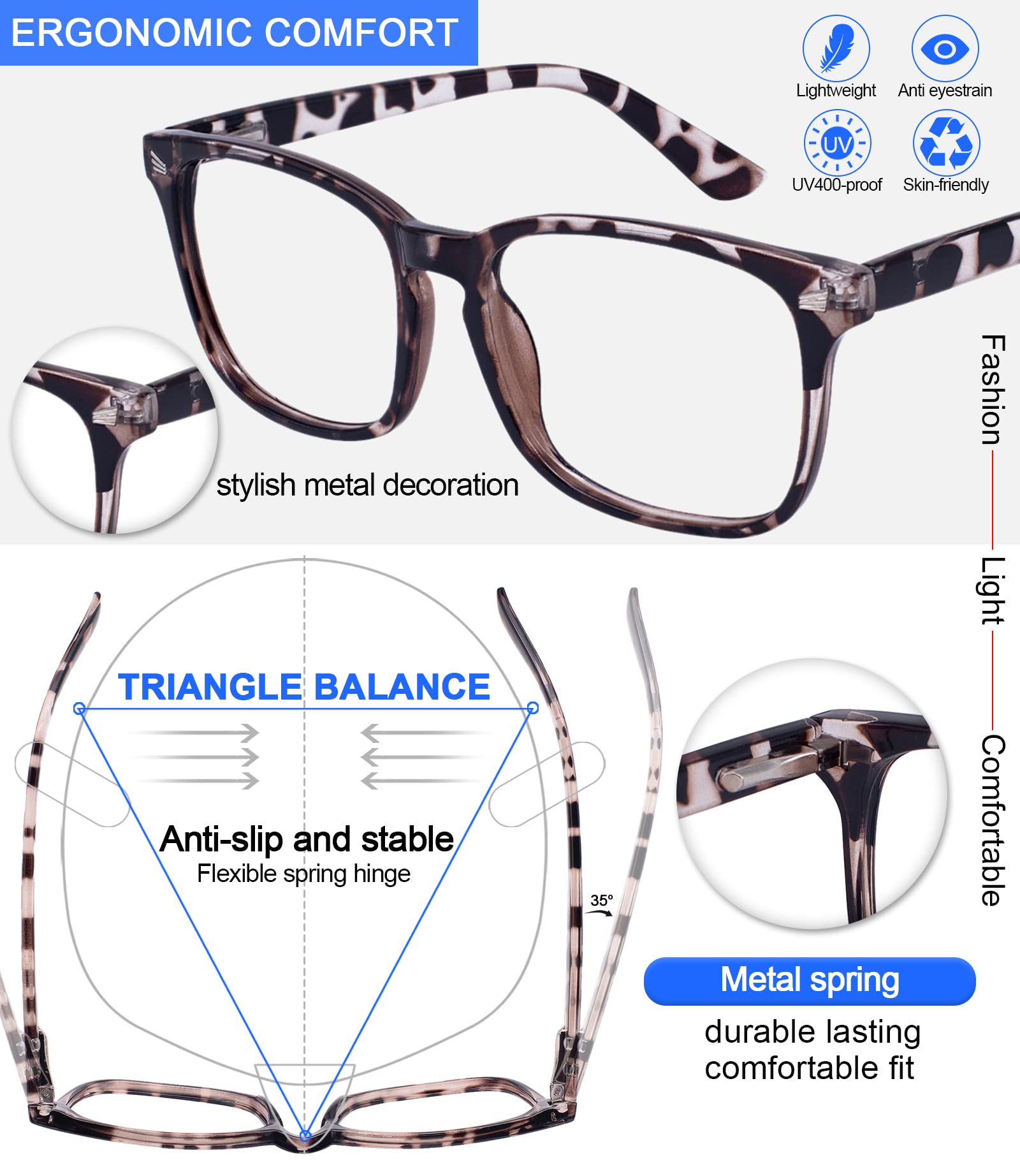 MARE AZZURO Blue Light Blocking Reading Glasses Women Computer Readers 0 1.00 1.25 1.50 1.75 2.00 2.25 2.50 2.75 3.00 3.50 4.00 5.00 6.00 (Leopard, 2.0)