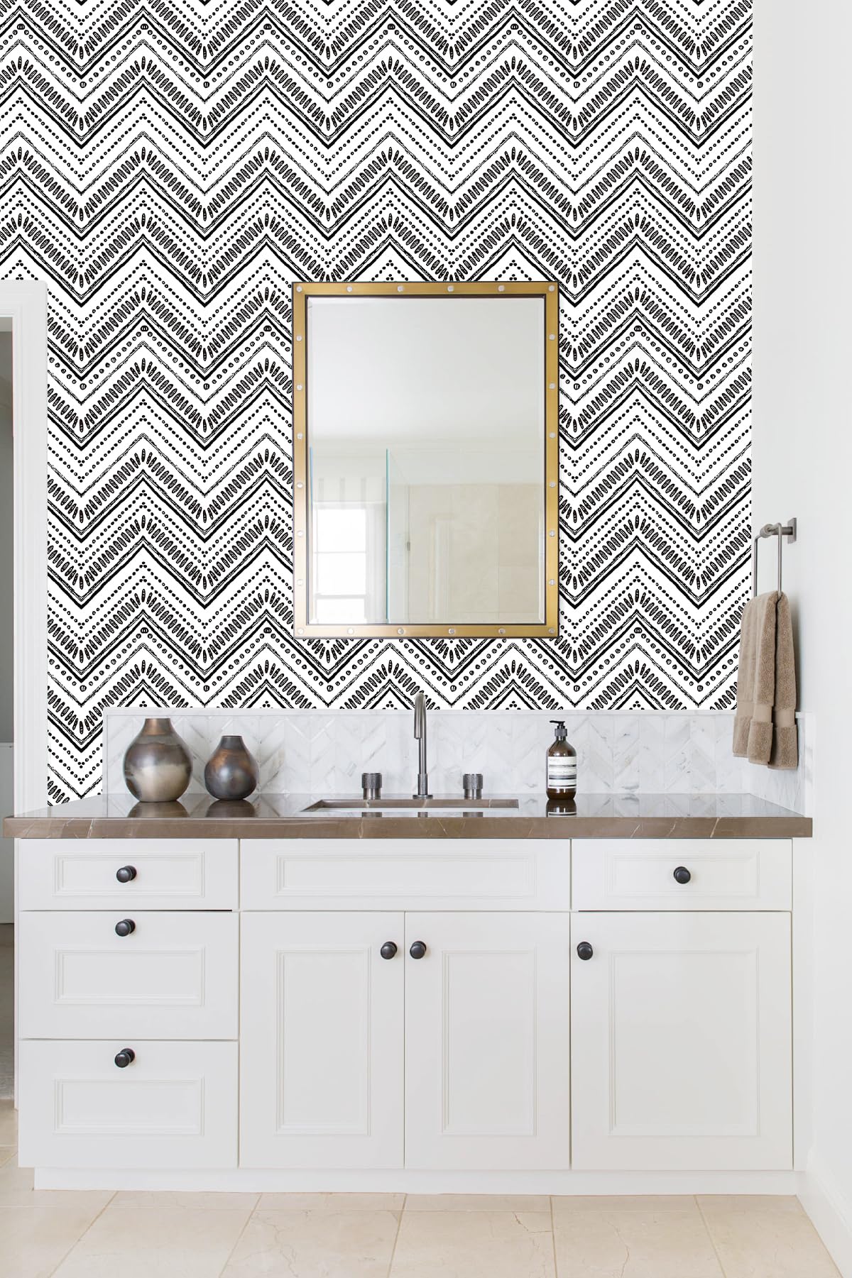 HAOKHOME Black and White Wallpaper Boho Geometric Self Adhesive Textured Wall Paper Modern for Bathroom Decor e 17.7in x 9.8ft