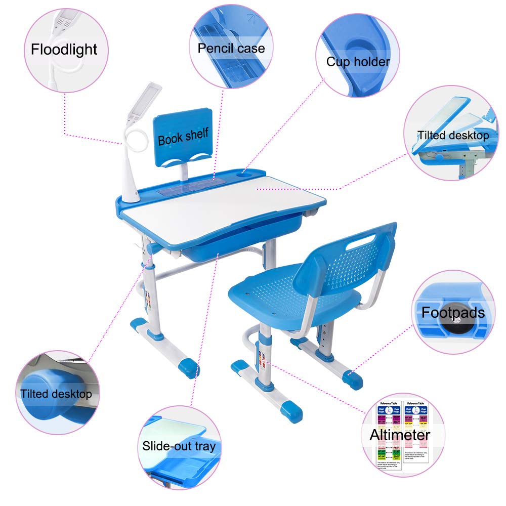 Yinleader Kids Desk and Chair Set,Height Adjustable,Spacious Storage Drawer,with Adjustable Tilted Desktop, Bookstand, Touch Led Lamp for School Student (Blue Set)
