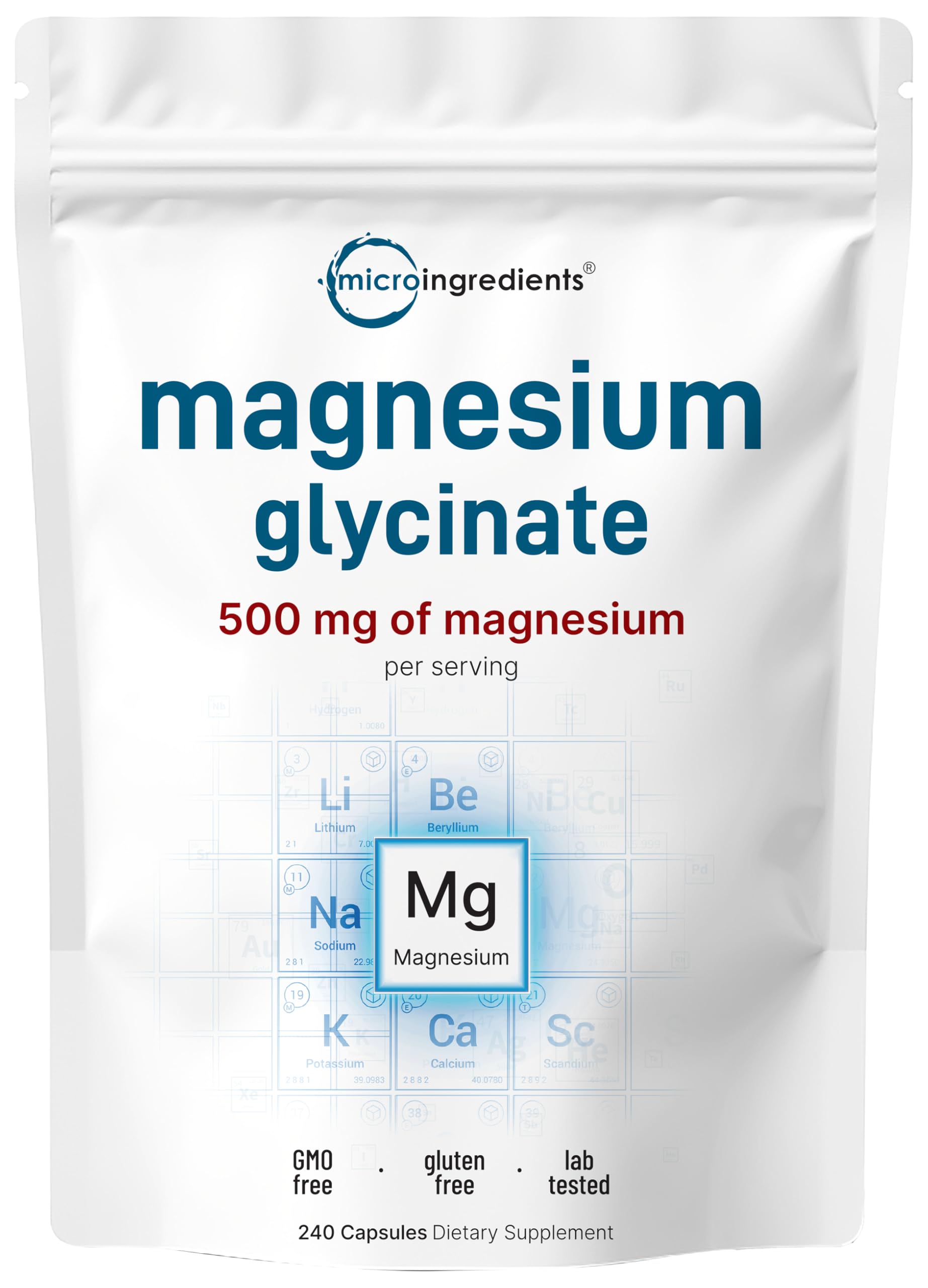 Micro Ingredients Magnesium Glycinate 500mg Per Serving, 240 Capsules | Potent Elemental Form, 100% Chelated, High Absorption | Healthy Muscle, Bones, & Mood Support Supplement | Non-GMO