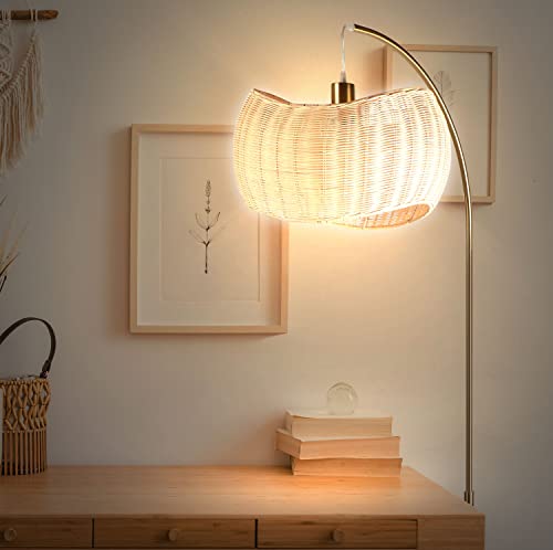 Brightech Wave Arched Floor Lamp – Unique Hanging Wicker Shade for Living Rooms – Rattan Style Matches Boho and Other Décor – Arcs Over Sofas and Dining Tables for Compliments - Brass