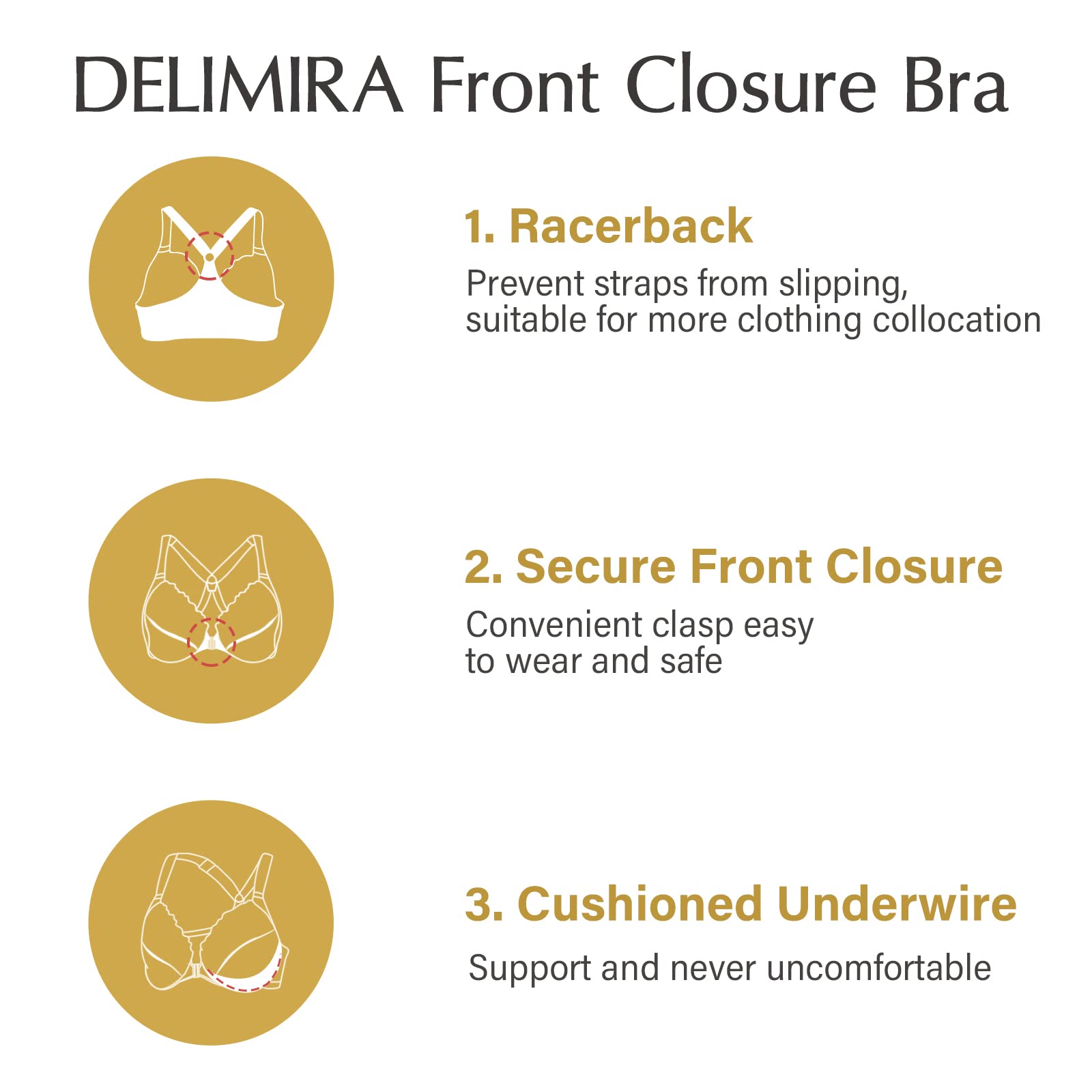 DELIMIRA Women's Front Closure Plus Size Full Coverage Lace Underwire Racerback Bra Black 40F