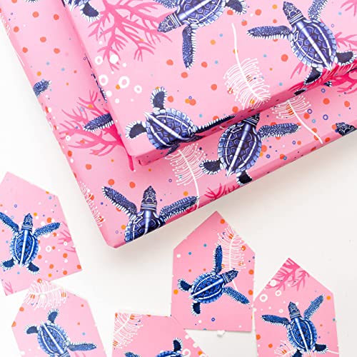 CENTRAL 23 - Pink Wrapping Paper - Blue Turtles - Birthday Gift Wrap - 6 Sheets - For Girls Women Females - Recyclable