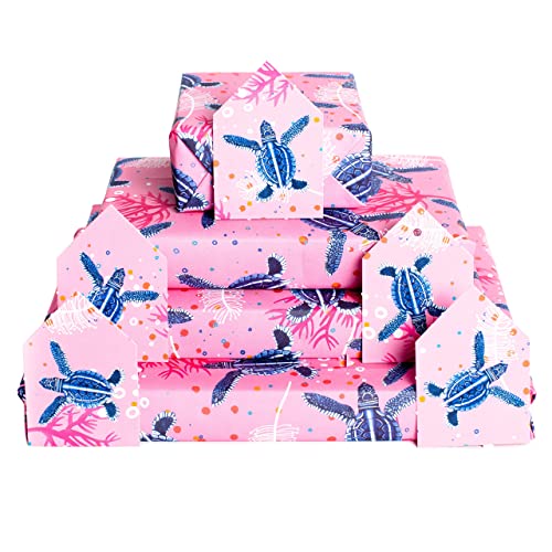 CENTRAL 23 - Pink Wrapping Paper - Blue Turtles - Birthday Gift Wrap - 6 Sheets - For Girls Women Females - Recyclable