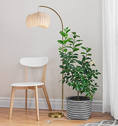 Brightech Wave Arched Floor Lamp – Unique Hanging Wicker Shade for Living Rooms – Rattan Style Matches Boho and Other Décor – Arcs Over Sofas and Dining Tables for Compliments - Brass