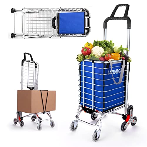 Folding Shopping Cart, Grocery cart on Wheels 35L 110lbs Large Capacity Stair Climbing Trolley w/8 Wheels & Removable Waterproof Oxford Bag Utility Cart (Blue)