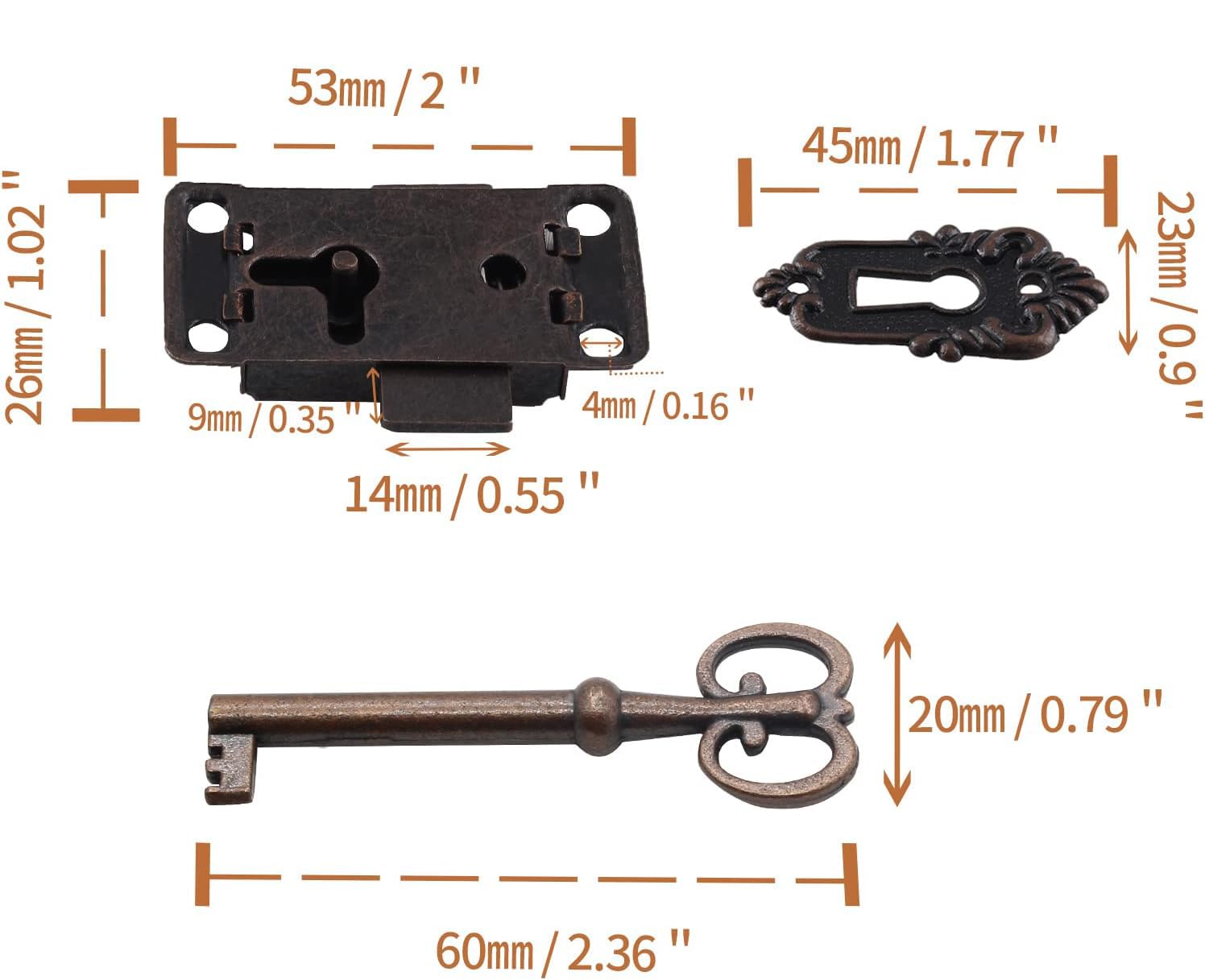 Kyuionty 2 Sets Skeleton Key Lock Decorative Antique Red Bronze Cabinet Lock with Key for Chest Cupboard Furniture