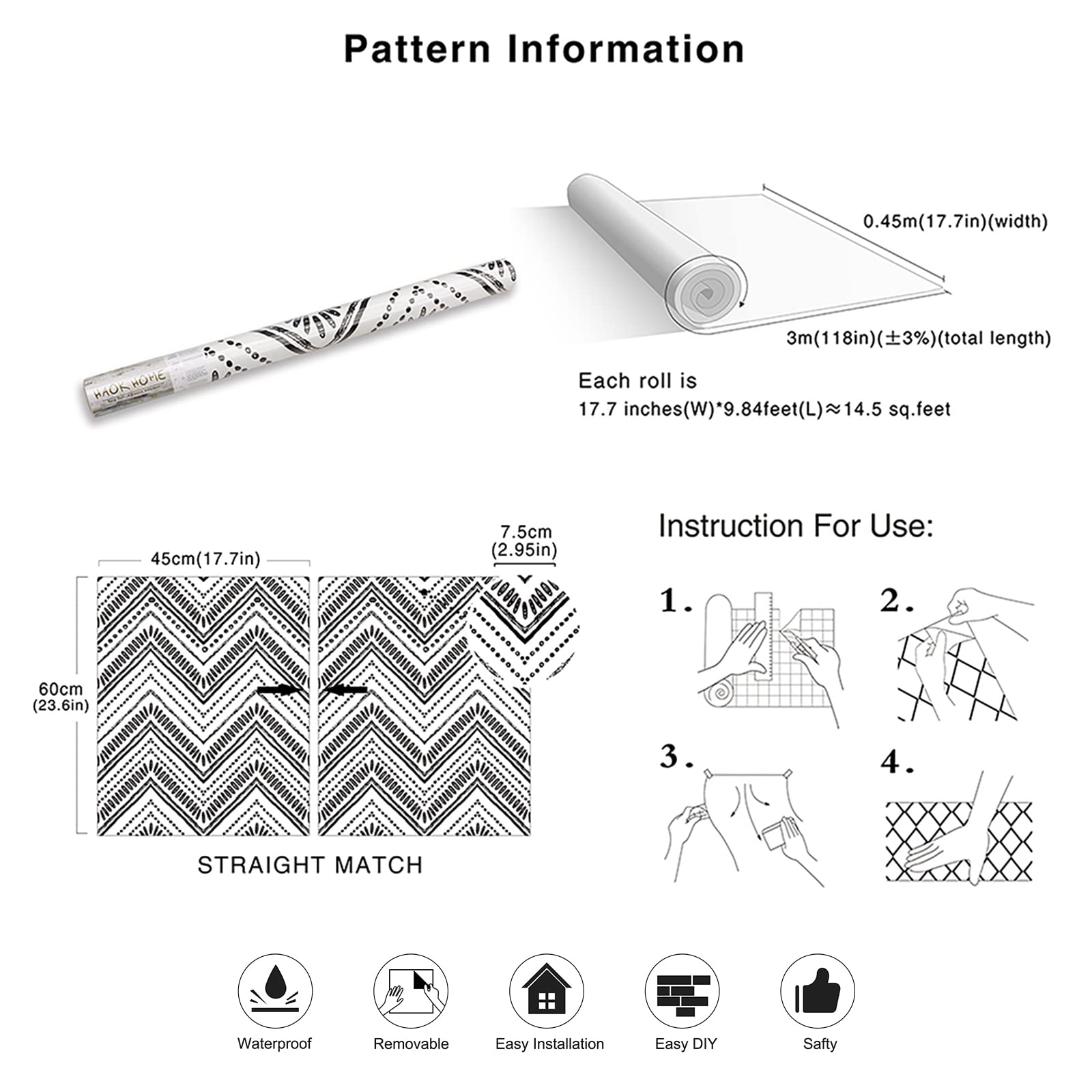 HAOKHOME Black and White Wallpaper Boho Geometric Self Adhesive Textured Wall Paper Modern for Bathroom Decor e 17.7in x 9.8ft