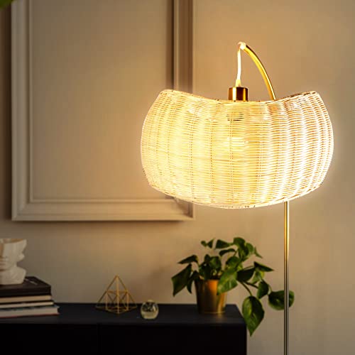 Brightech Wave Arched Floor Lamp – Unique Hanging Wicker Shade for Living Rooms – Rattan Style Matches Boho and Other Décor – Arcs Over Sofas and Dining Tables for Compliments - Brass
