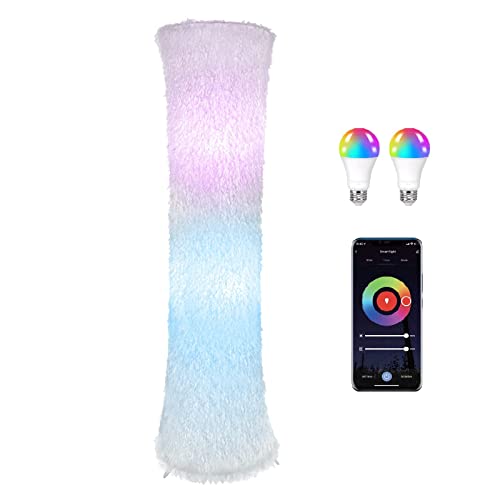 Floor Lamp with Two LED Bulbs, RGB Full Color Changing, Music Sync, Fabric Shade with Faux Feather Tassels Finish