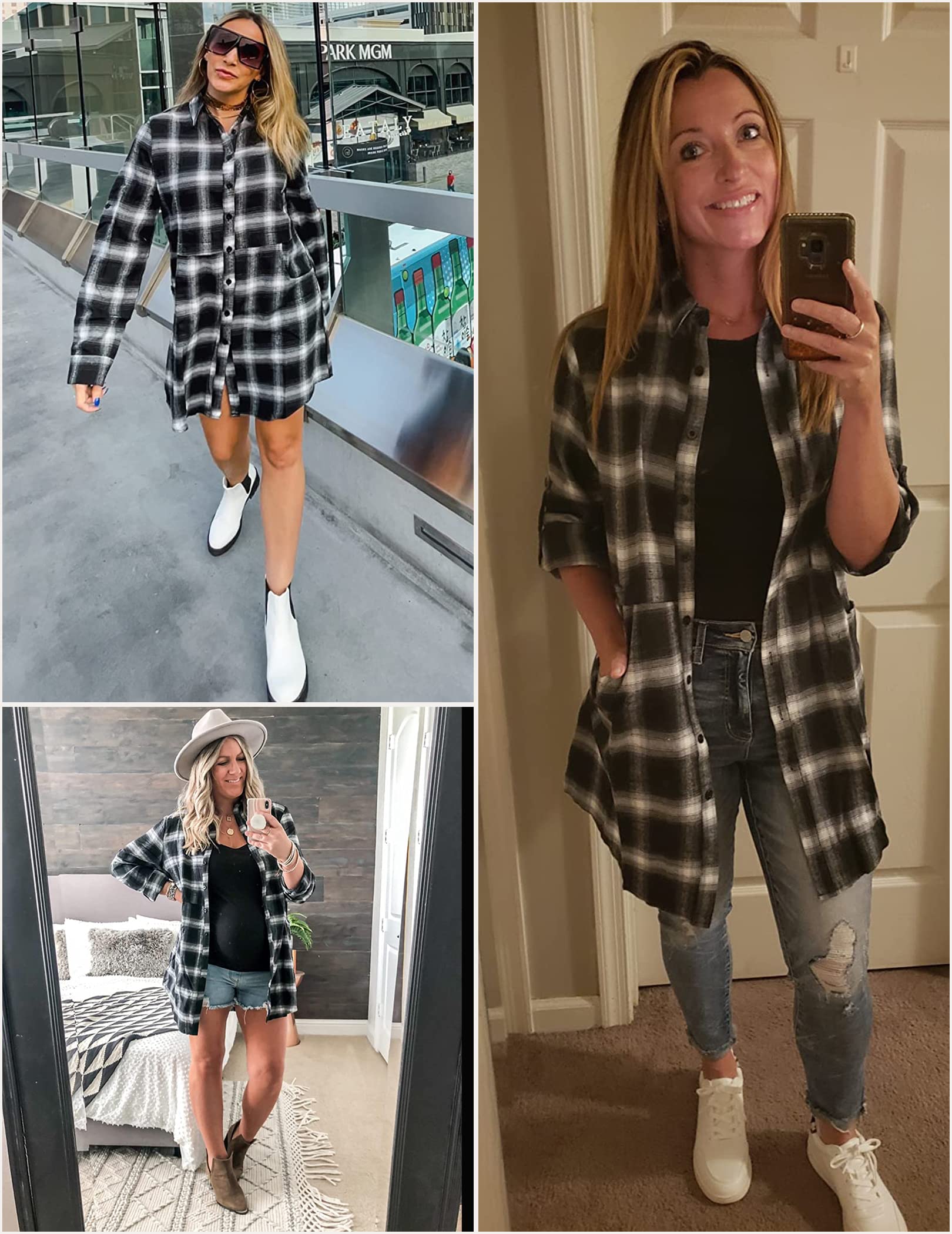 HOTOUCH Womens Flannel Plaid Shirts Roll Up Long Sleeve Pockets Mid-Long Casual Boyfriend Shirts Black and White L