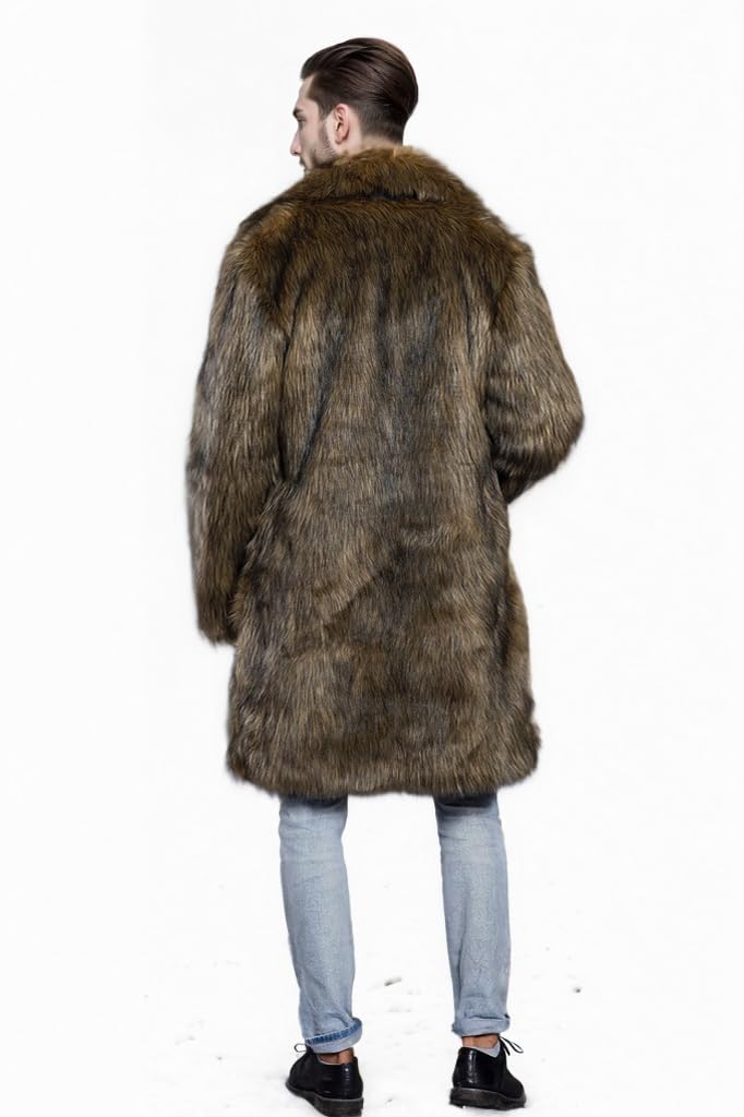 Lafee Bridal Men's Luxury Faux Fur Coat Jacket Winter Warm Long Coats Overwear Outwear (Large, Brown 2)