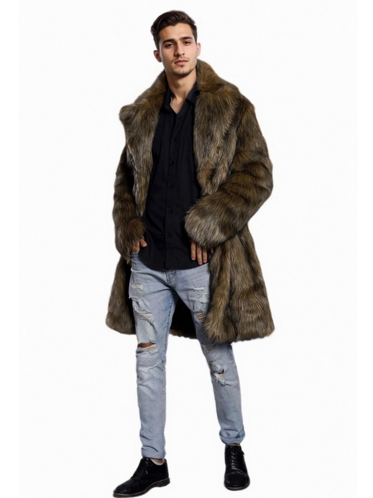 Lafee Bridal Men's Luxury Faux Fur Coat Jacket Winter Warm Long Coats Overwear Outwear (Large, Brown 2)