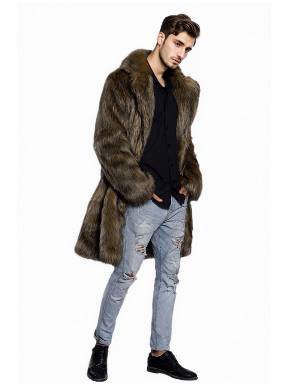 Lafee Bridal Men's Luxury Faux Fur Coat Jacket Winter Warm Long Coats Overwear Outwear (Large, Brown 2)