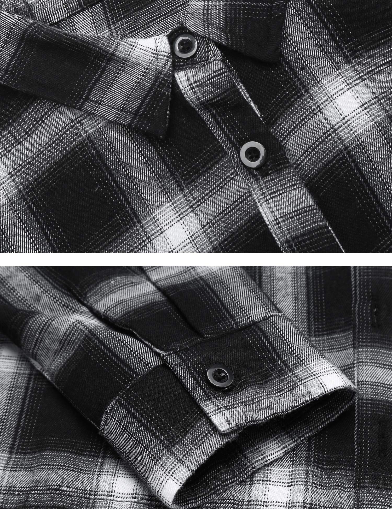 HOTOUCH Womens Flannel Plaid Shirts Roll Up Long Sleeve Pockets Mid-Long Casual Boyfriend Shirts Black and White L